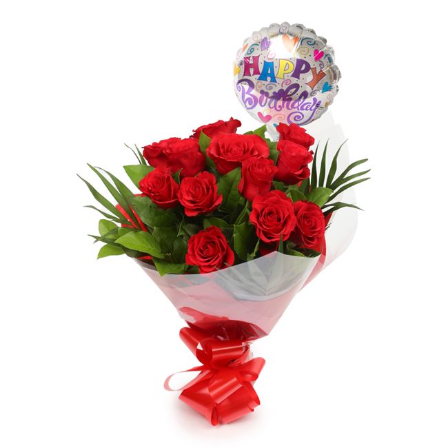 Birthday Balloon & 12 Red Roses – Delightful Flora